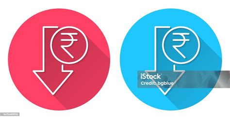 Indian Rupee Decrease Round Icon With Long Shadow On Red Or Blue