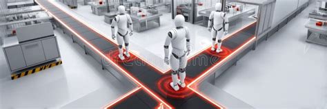 robots on automated conveyor system four robots navigate a modern