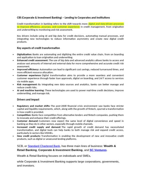 Scb Cib Credit Transformation Pdf Banks Finance And Money Management