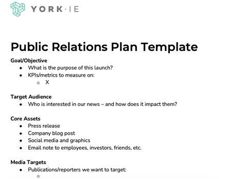 How To Create A Public Relations Plan Template York Ie