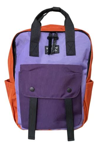 Mochila Escolar Morado Con Naranja Naranja Liso Meses Sin Interés