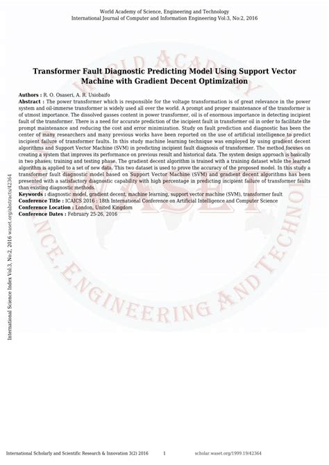 Pdf Transformer Fault Diagnostic Predicting Model Using Support Vector Machine With Gradient