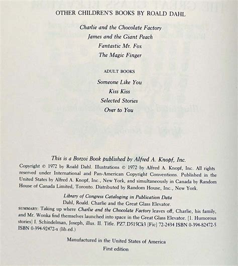 Charlie And The Great Glass Elevator Roald Dahl 1972 1st Edition Nocloo Rare Books