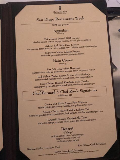 Menu At The Marine Room Restaurant San Diego Spindrift Dr