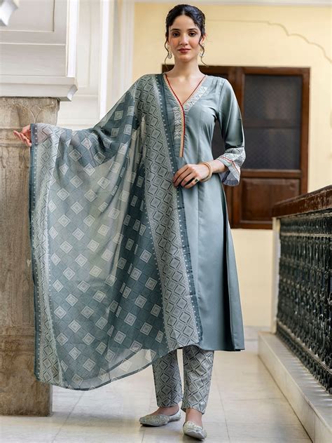 Buy Rayon Embroidered A Line Kurta With Rayon Pant And Cotton Silk