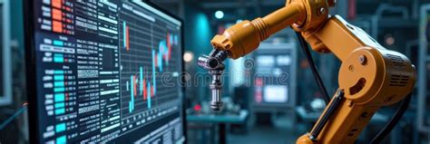 Robotic Arm Analyzing Data On Computer Screen In High Tech Lab Stock Image Image Of Robotic