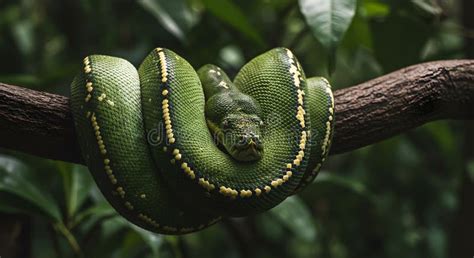 Green Tree Python Coiled On Branch Close Up In Tropical Rainforest