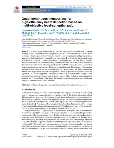 Pdf Quasi Continuous Metasurface For High Efficiency Beam Deflection Based On Multi Objective