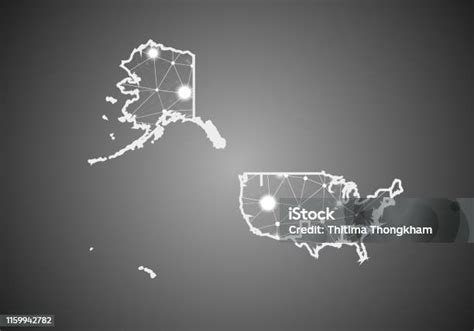 벡터 와이어 프레임 메쉬 미국 메르카토르지도의 다각형 전역 연결 구조를 추상화합니다 선과 점으로 연결된 지도 기하학적 세계 개념입니다 디지털 데이터 시각화 인포그래픽 0명에