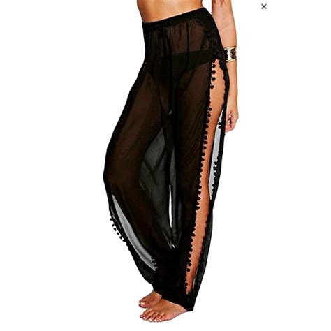 Swim Chiffon Sheer Long Pant Jogger Bikini Cover Up Split Beach Pants