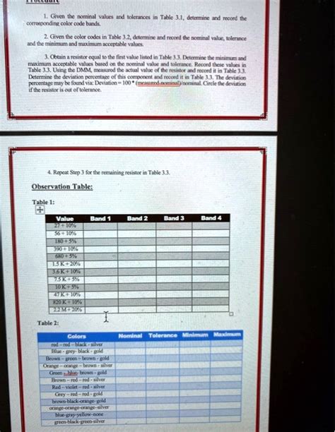 1 Given The Nominal Values And Tolerances In Table 31 Determine And Rccord The Corrosponding