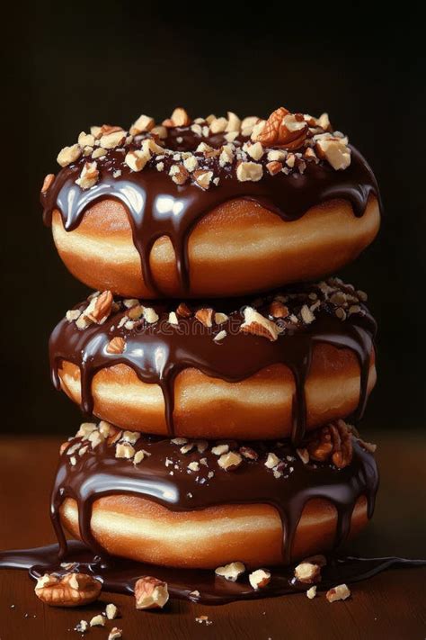 Chocolate Glazed Donuts Stacked With Nuts On A Rustic Wooden Background