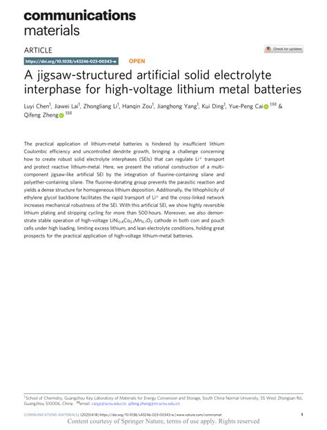 Pdf A Jigsaw Structured Artificial Solid Electrolyte Interphase For High Voltage Lithium Metal
