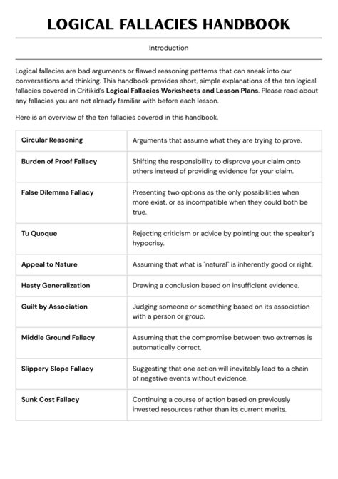 Logical Fallacy Printable Worksheet