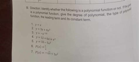 B Direction Identify Whether The Following Is A Polynomial Function