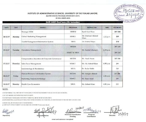 Date Sheet Final Term 5th Semester Institute Of Administrative Sciences