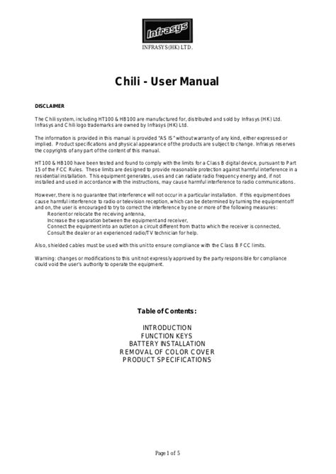 Infrasys Chili Ht100 Hb100 User Manual