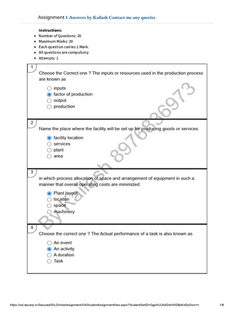 Operations Management Assignments Answers By Kailash Watermark Pdf