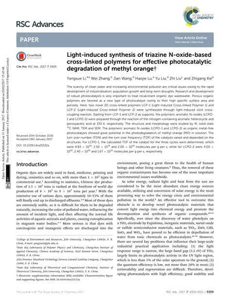 Pdf Light Induced Synthesis Of Triazine N Oxide Based Cross Linked Polymers For Effective