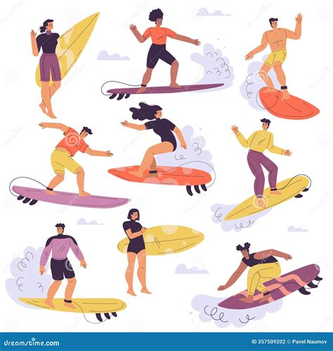 Man And Woman Surfer With Surfboard Ride Ocean Wave Vector Set 357509231
