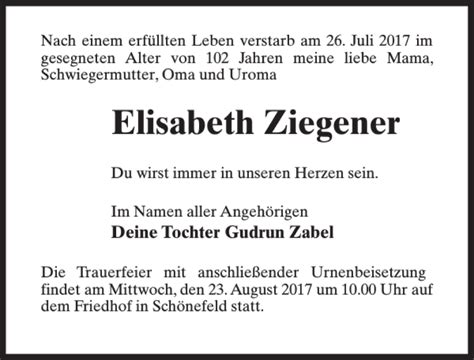 Traueranzeigen Von Elisabeth Ziegener Trauer Anzeigen De