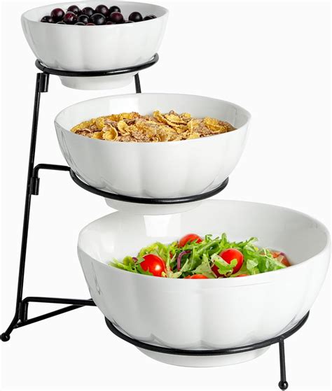 Xinltc 3 Tier White Bowl Set With Metal Rack Tiered