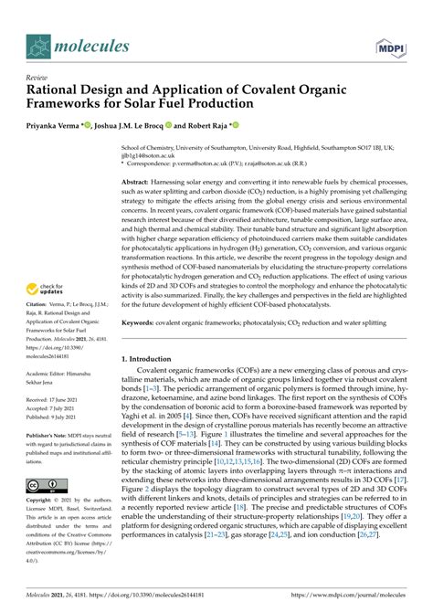 Pdf Rational Design And Application Of Covalent Organic Frameworks For Solar Fuel Production