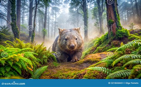 Digital Art Showcases A Wombat In Its Lush Misty Forest Habitat Stock
