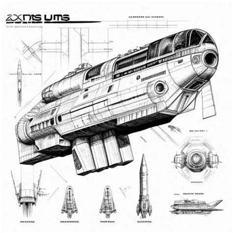 Space Ship Schematic Realistic Scientific Rail Gun Sharp Angles