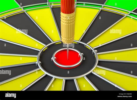 Close Up Red Dart Arrow On Center Of Dartboard Stock Photo Alamy