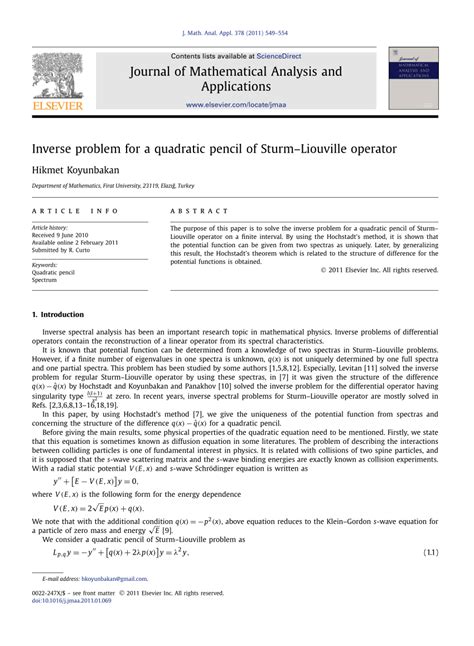 Pdf Inverse Problem For Quadratic Pencil Of Sturm Liouville Operator