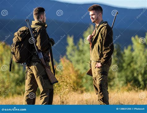 Man Hunters With Rifle Gun Boot Camp Friendship Of Men Hunters Army