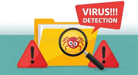 Computer Virus Detection With Magnifying Glass And Warning Signs Stock