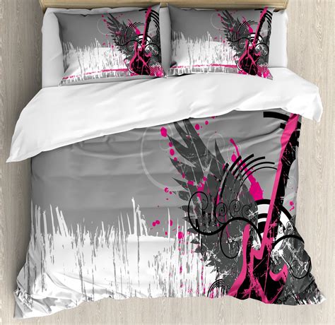 Music Duvet Cover Set Guitar And Wings In Sketchy Grunge Background