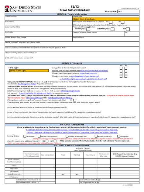Fillable Online Bfa Sdsu T1t2 Travel Authorization Form Trv Ap Use