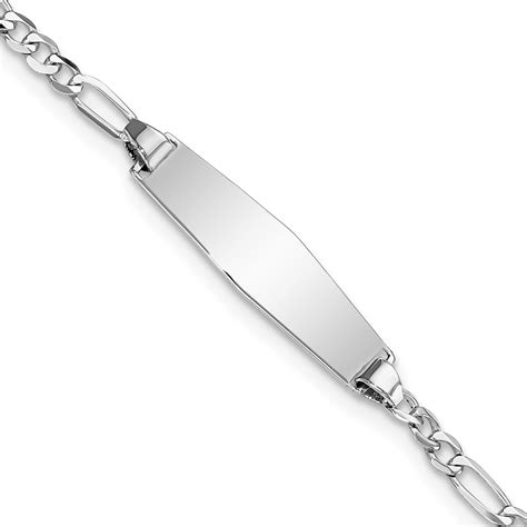 14k White Gold Wg Soft Diamond Shape Figaro Link Id Bracelet 6 X 55