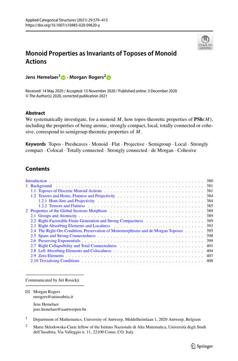 Pdf Monoid Properties As Invariants Of Toposes Of Monoid Actions