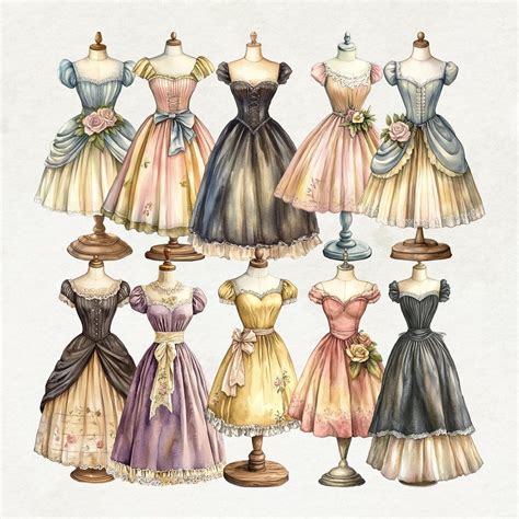 Collection Of 10 Vintage Dresses Clipart Watercolour Clipart