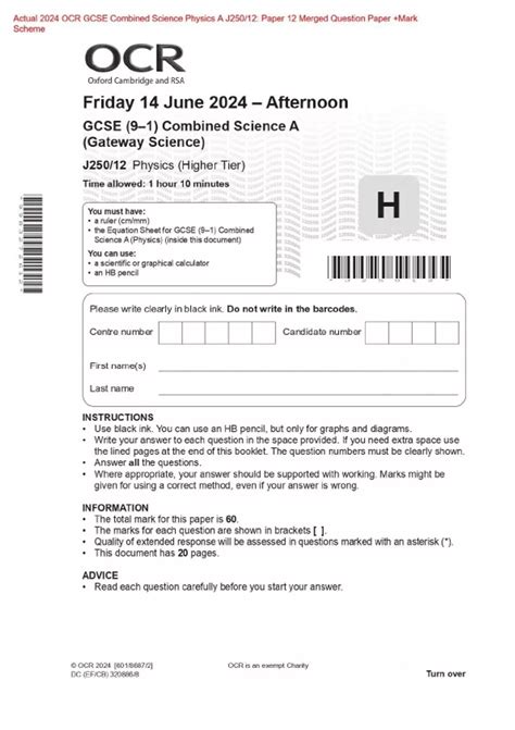 Actual OCR GCSE Combined Science Physics A Gateway Science J Paper HigherTier