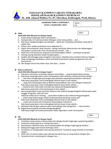 Ulangan Tema 2 St 1 Pdf Kajian Bahasa Asing