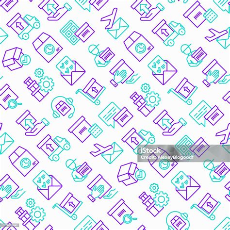 얇은 라인 아이콘익스프레스 배달 원활한 패턴 소포 트럭 배달 선적 검색 택배 선별 센터 파견 등록 배달 현대 벡터 그림입니다