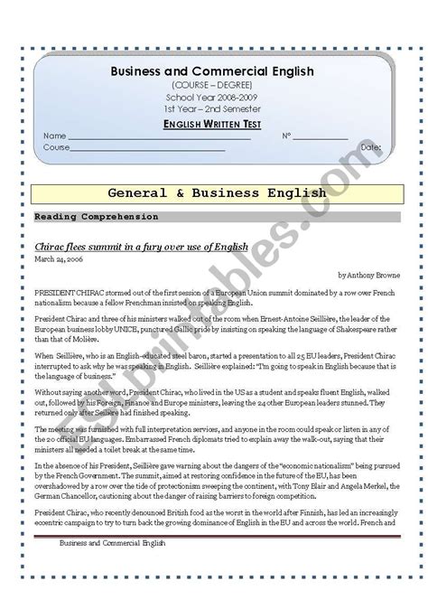 General And Business English Written Test Esl Worksheet By Hekateros