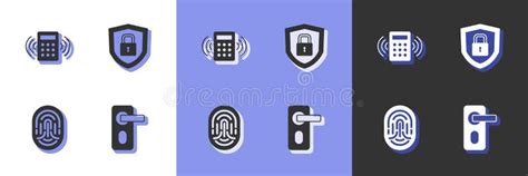 Set Fingerprint Door Lock Security Keypad Access Panel And Shield Security With Icon Vector