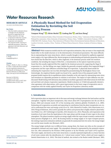 Water Resources Research 2019 Wang A Physically Based Method For