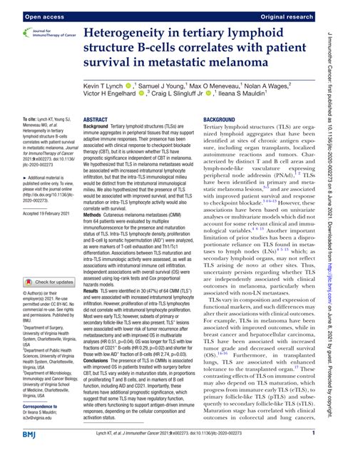 Pdf Heterogeneity In Tertiary Lymphoid Structure B Cells Correlates