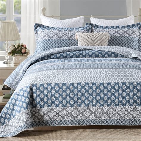 Bedduvit King Size Floral Striped Blue Quilt Set With 2 Pillow Shams