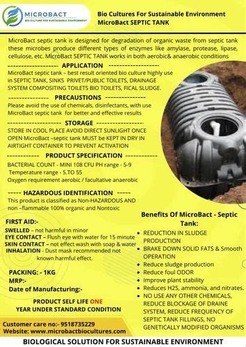 Reduction In Sludge Microbact Septic Tank Microbial Culture Grade