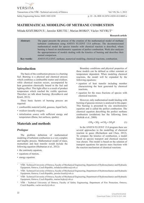 Pdf Mathematical Modeling Of Methane Combustion