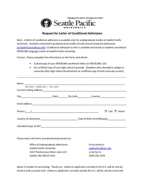 Fillable Online Request For Letter Of Conditional Admission Spu Fax Email Print Pdffiller