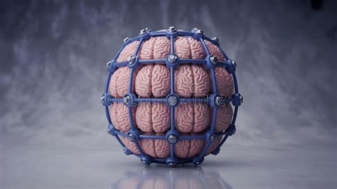 Spherical Structure Made Of Multiple Brain Segments Encased In Blue Metallic Frame Conceptual